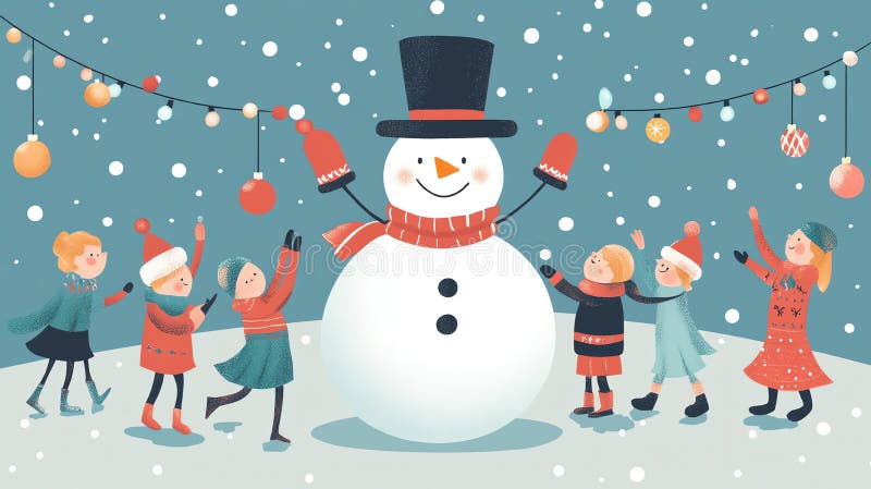 Children Playing in the Snow with Snowman and Christmas Lights with ...