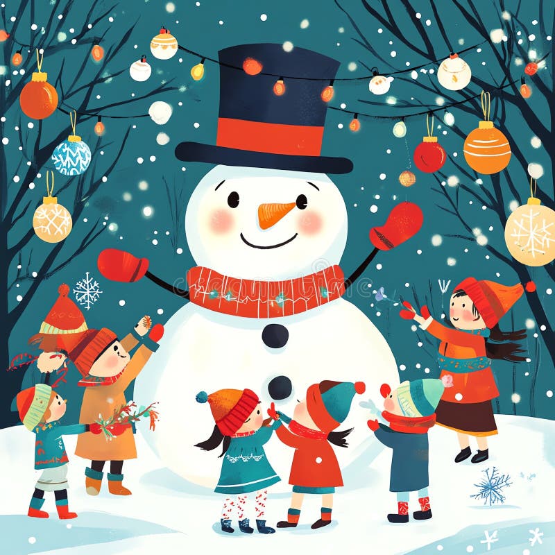 Children Playing in the Snow with Snowman and Christmas Lights with ...
