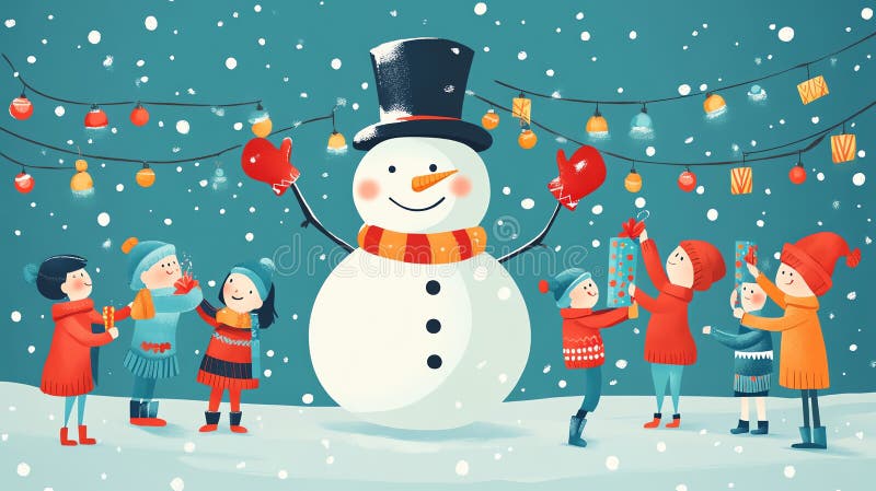 Children Playing in the Snow with Snowman and Christmas Lights with ...