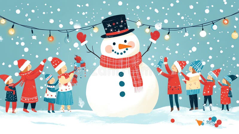 Children Playing in the Snow with Snowman and Christmas Lights with ...