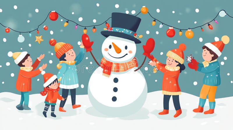 Children Playing in the Snow with Snowman and Christmas Lights with ...