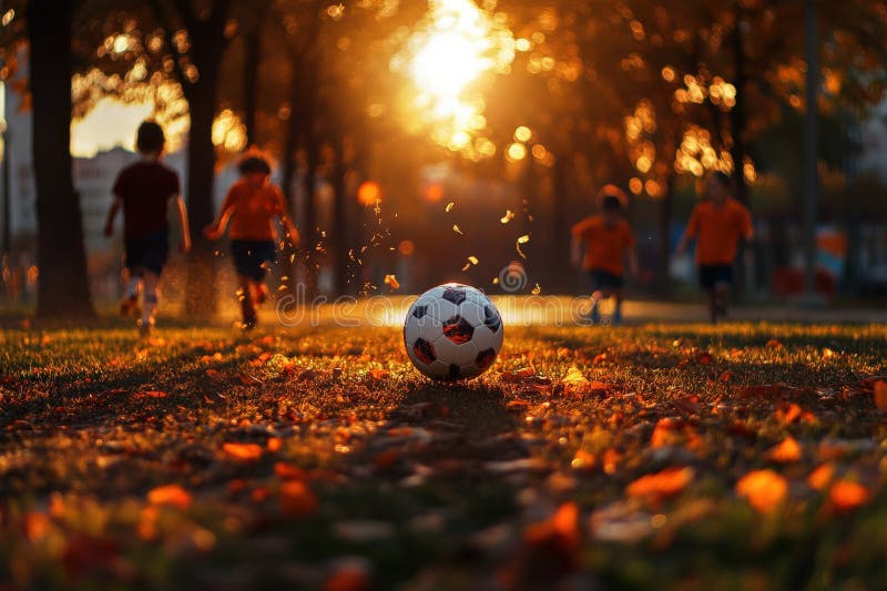 Children Playing Soccer in Autumn Park during Sunset Stock Photo ...