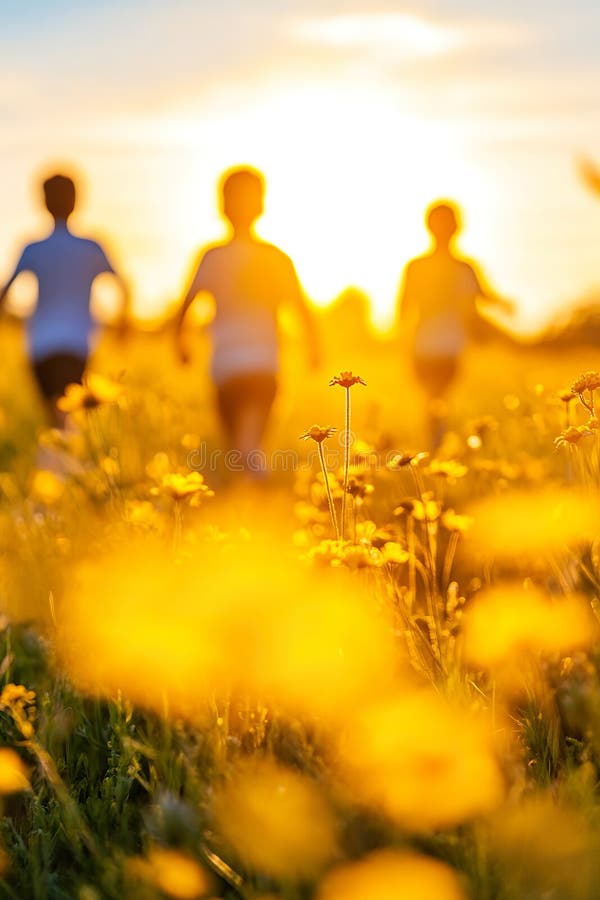 Children Playing in Sunny Wildflower Field at Sunset Stock Image ...