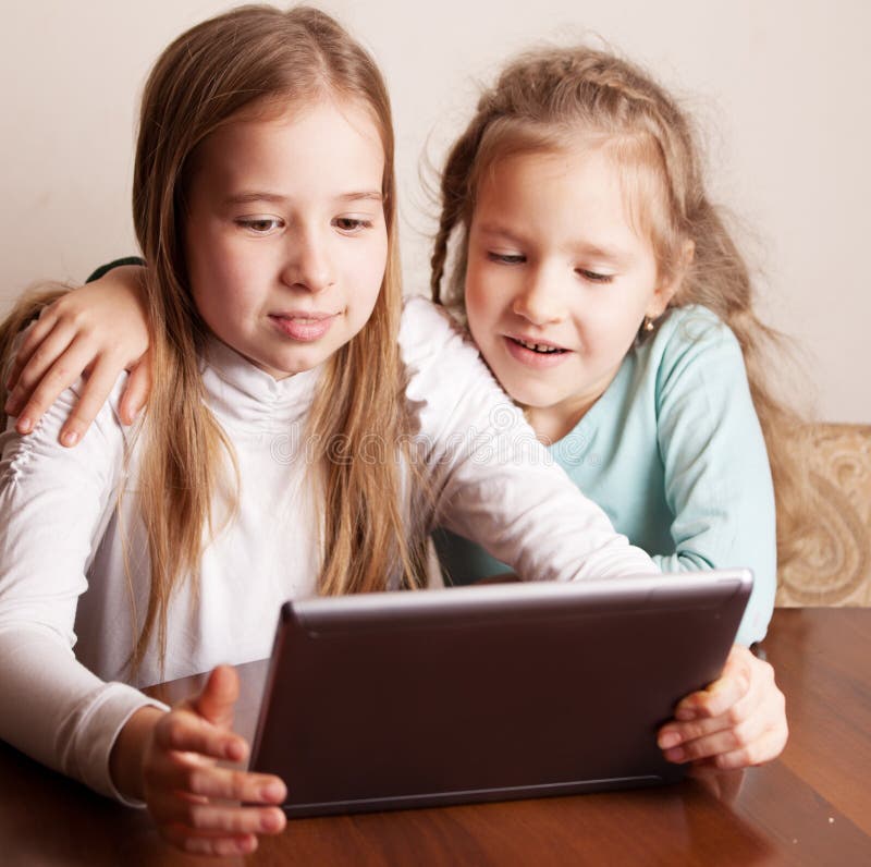 Children Friends Kid Girls Playing Together with Tablet Pc Stock Photo ...