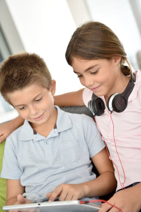 Children Playing Together with Tablet Stock Photo - Image of connected ...