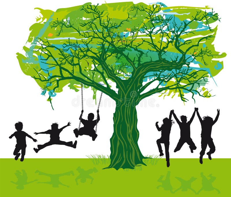 Kids dance around a tree stock vector. Illustration of cheerful - 85330920