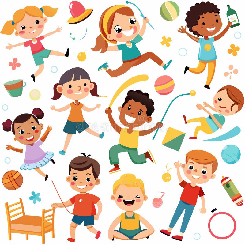 Children Playing Various Games and Activities. Diverse Group of Kids ...