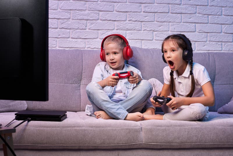 Children Playing Video Game with Game Console Stock Image - Image of ...