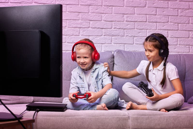 Children Playing Video Game with Game Console Stock Image - Image of ...