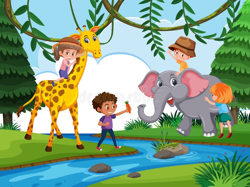 Children Playing with Wild Animal Stock Vector - Illustration of ride ...