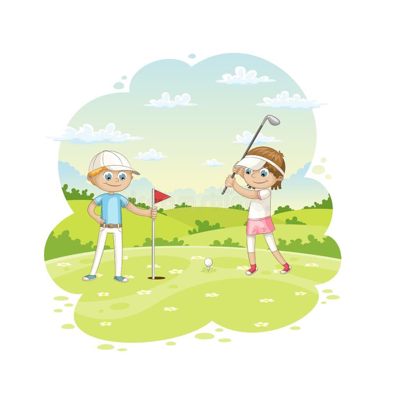Children Plays Golf on a Golf Course Stock Vector - Illustration of ...