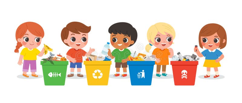 Children Practicing Recycling with Four Waste Bins Labeled Organic ...