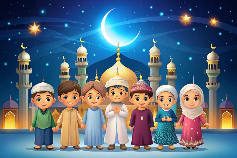 Children Praying in Front of Mosque at Night Stock Illustration ...