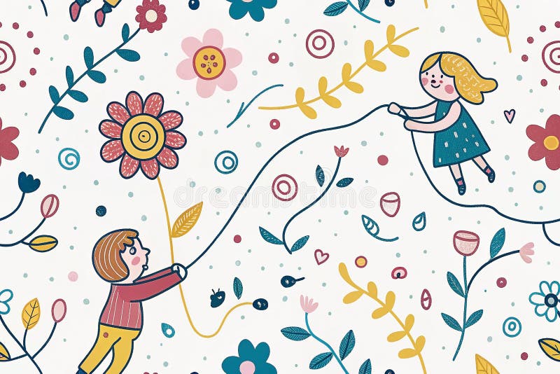 Children Pulling Flower String in Floral Garden Stock Illustration ...