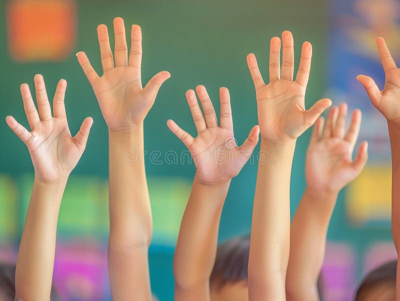 Children Raise Their Hands To Answer in the Classroom Stock ...