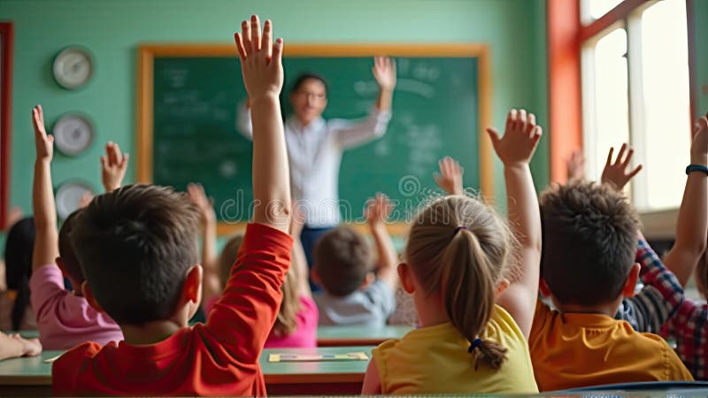 Children Raising Hands in Classroom. Stock Illustration - Illustration ...