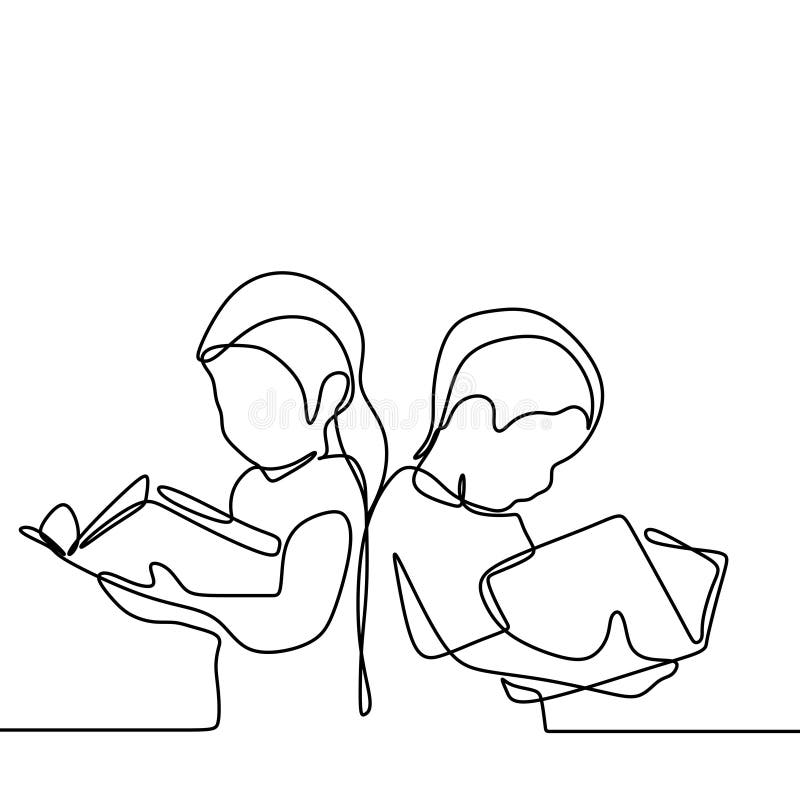 Two Children Read Book Continuous Line Drawing Vector Illustration ...