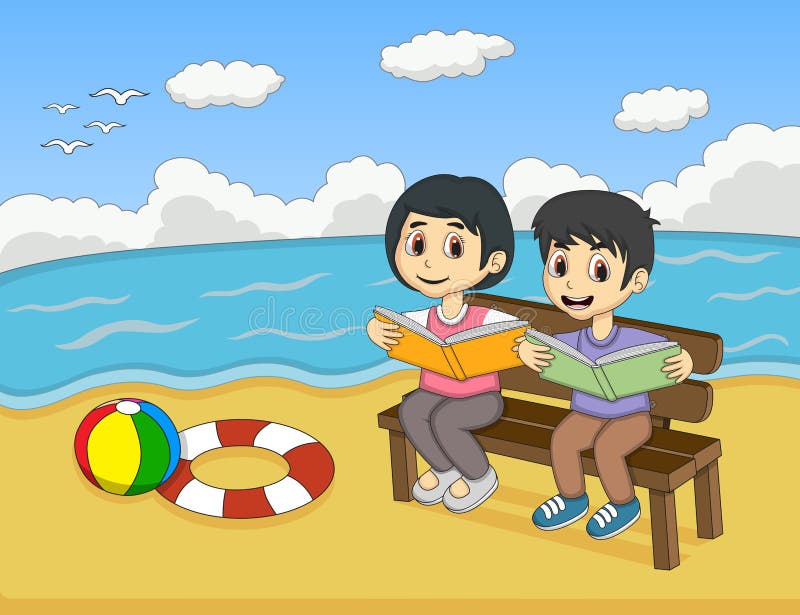 Children Reading a Book on the Beach Cartoon Stock Vector ...