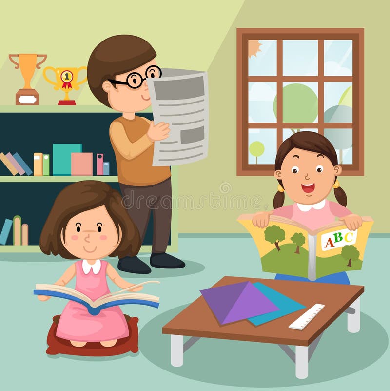 Children Reading the Book at Home Vector Stock Vector - Illustration of ...