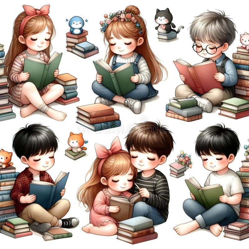 Children reading the book stock illustration. Illustration of person ...