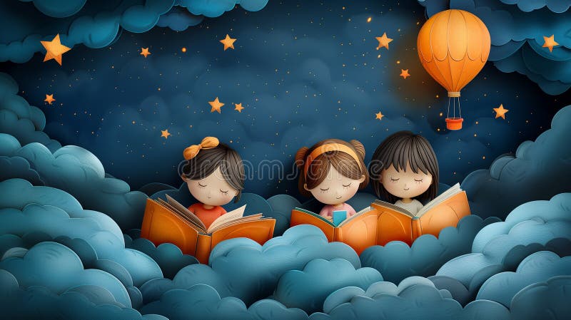 Children Reading Book in the Night Stock Illustration - Illustration of ...