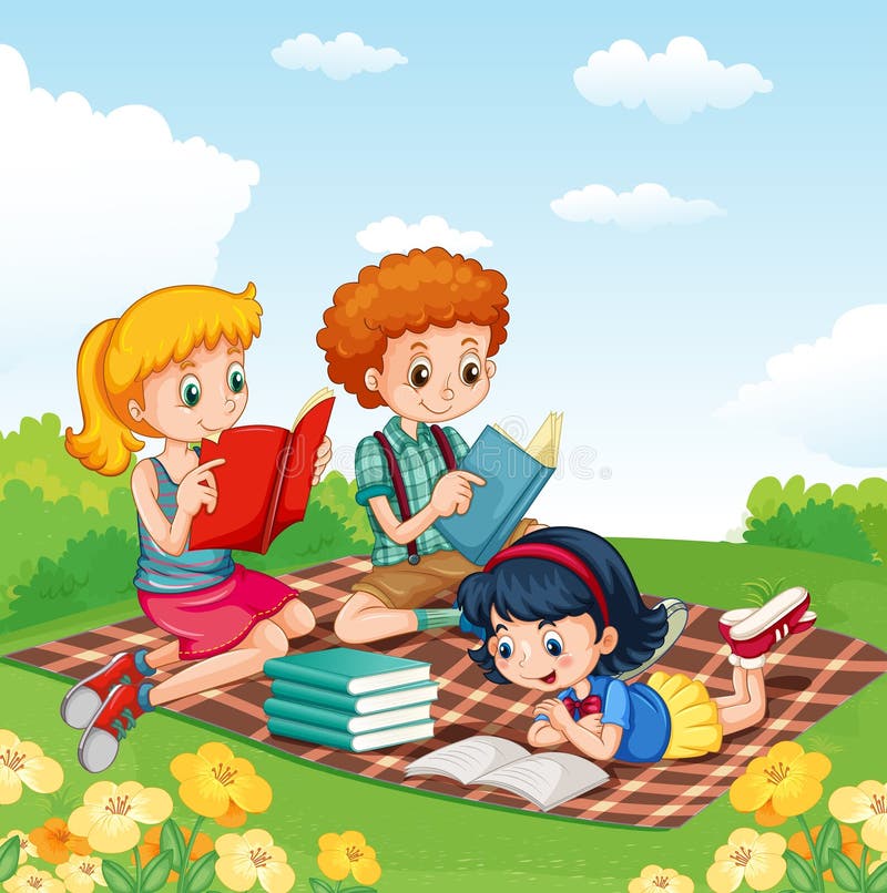 Children Reading Books in the Park Stock Vector - Illustration of ...