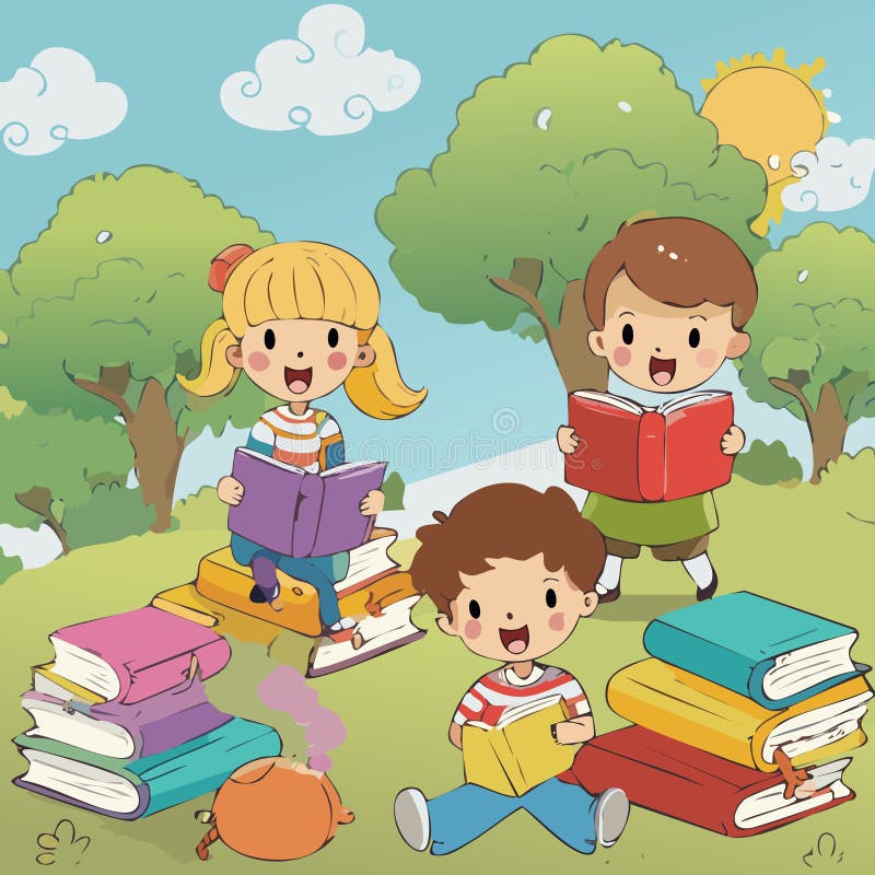 Children Reading Books in the Park. Vector Illustration of Children ...