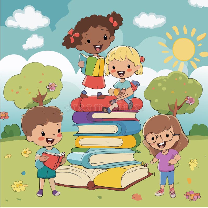 Children Reading Books in the Park. Vector Illustration of a Group of ...