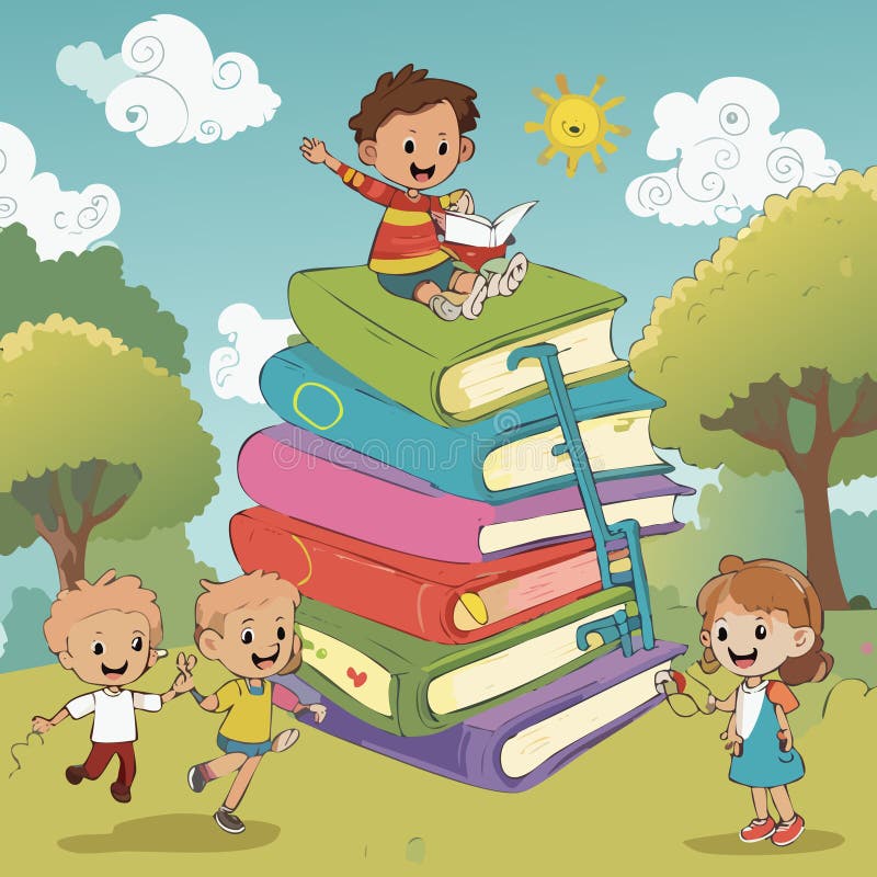Children Reading Books in the Park. Vector Illustration of Kids ...