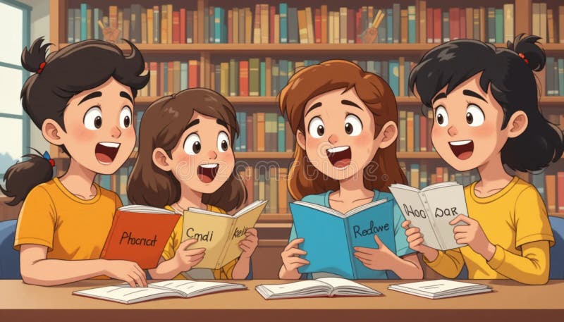 Children Reading Books Together in Library Setting Stock Illustration ...