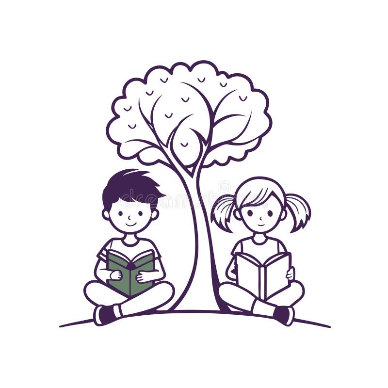 Children Reading Books Under Tree, Education and Learning Concept ...