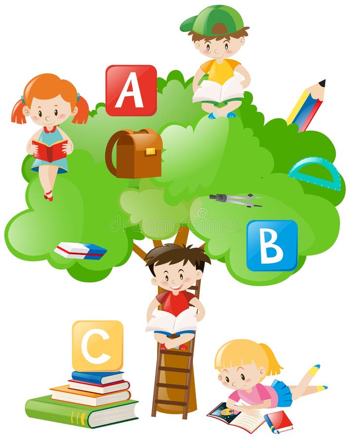 Children Reading Books Under the Tree Stock Vector - Illustration of ...