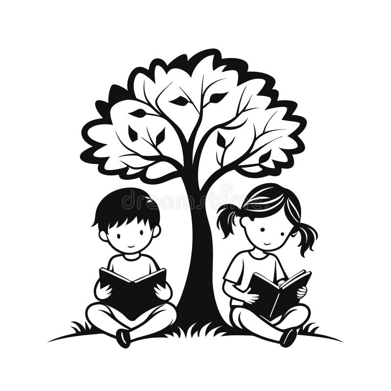 Children Reading Books Under a Tree Silhouette Illustration, Black and ...