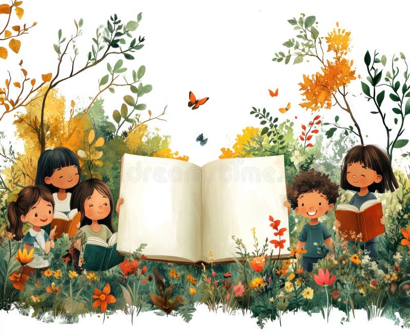Children Reading in a Garden Illustration Stock Illustration ...