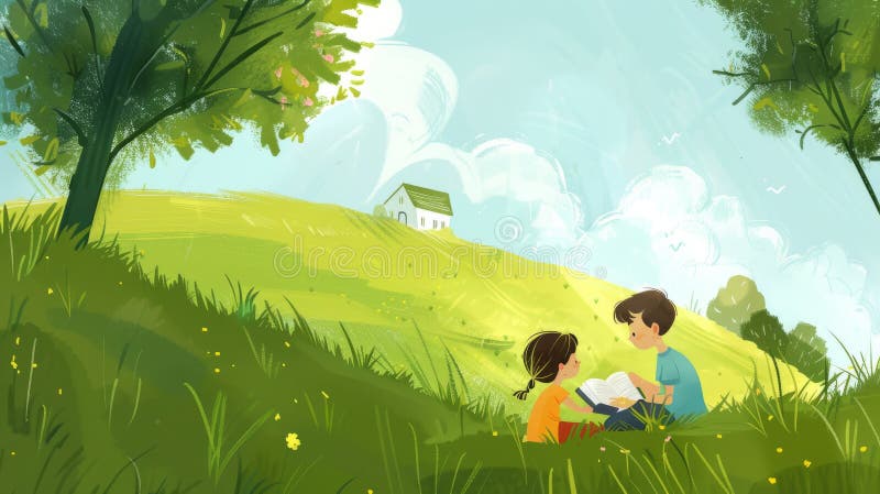Children Reading in a Peaceful Meadow Stock Illustration - Illustration ...