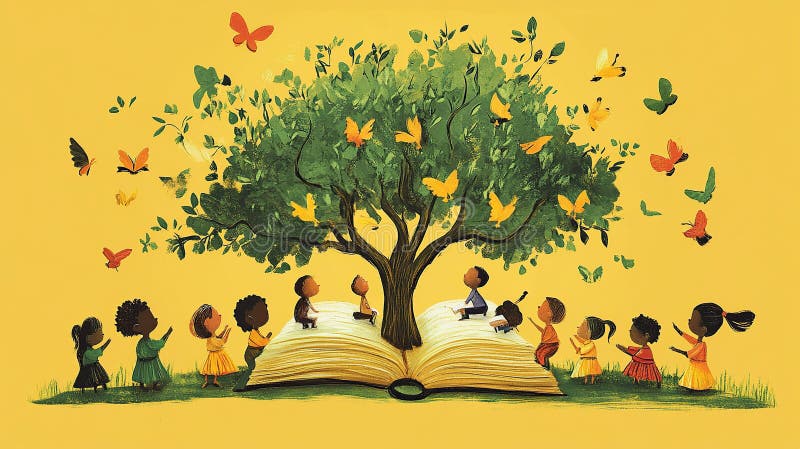 Children Reading Under a Tree with Butterflies Stock Illustration ...