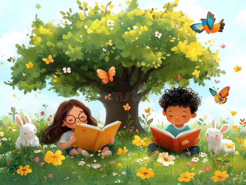 Children Reading Under Tree Illustration Stock Illustration ...