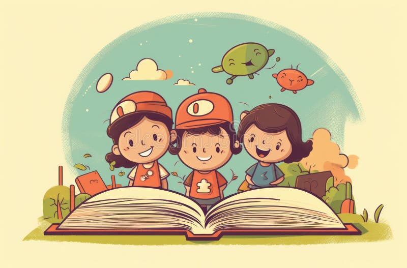 Children Reading and Writing Under the Tree. Generative AI. Stock ...