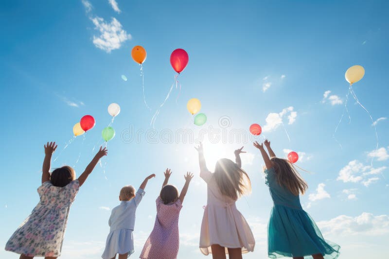 Children Releasing Balloons into the Sky Stock Photo - Image of friends ...