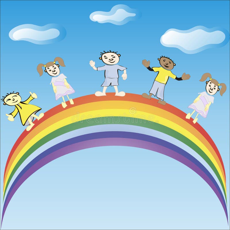 Children Ride on a Rainbow. Vector Illustration. Stock Illustration ...