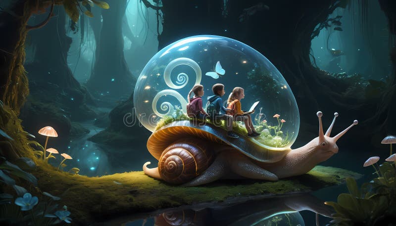Children Riding a Giant Luminescent Snail in a Dreamscape Stock ...