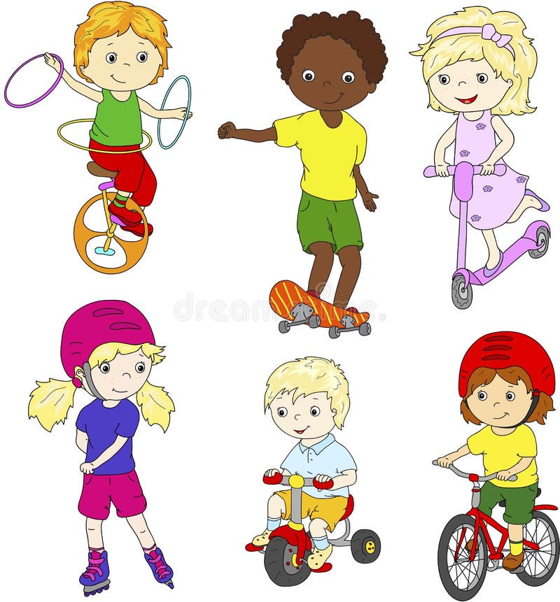 Children Riding Unicycle, Bicycle and Scooter, Rollerblading and Stock ...
