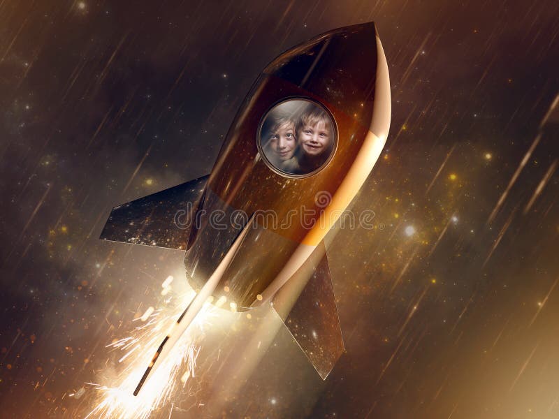 Children in a rocket stock image. Image of imagination - 168629543