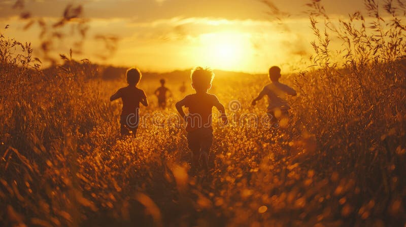 Children Running through Field at Sunset Stock Illustration ...