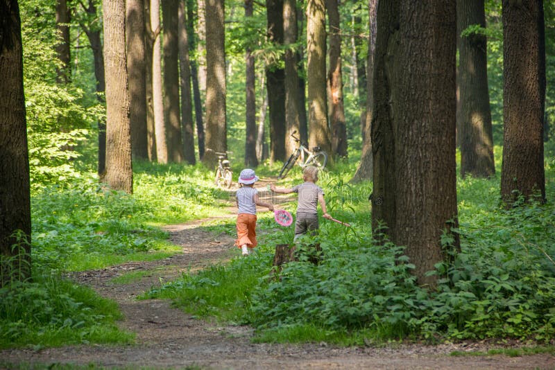 Children running in forest editorial photo. Image of racquet - 53226046