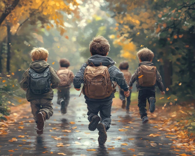 Children Running Home through Autumn Leaves Stock Illustration ...