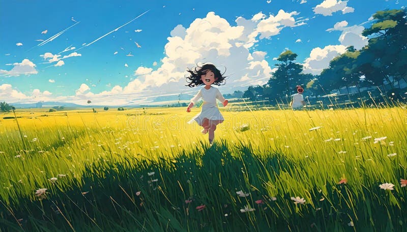 Generated Image Children Running in the Meadow Stock Image - Image of ...