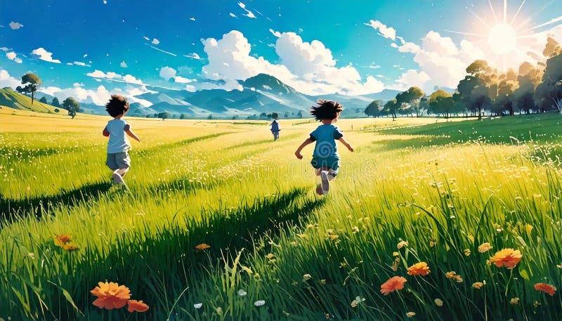 Generated Image?Children Running in the Meadow Stock Photo - Image of ...