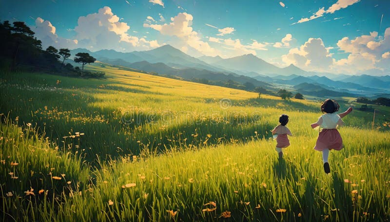 Generated Image?Children Running in the Meadow Stock Photo - Image of ...