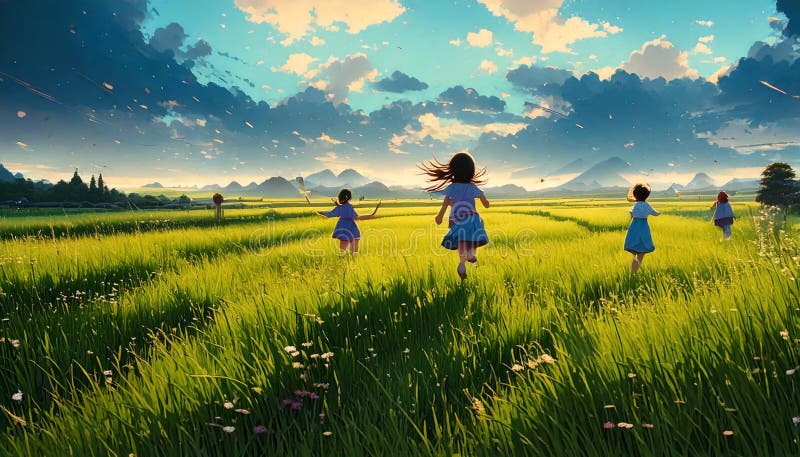 Generated Image?Children Running in the Meadow Stock Photo - Image of ...
